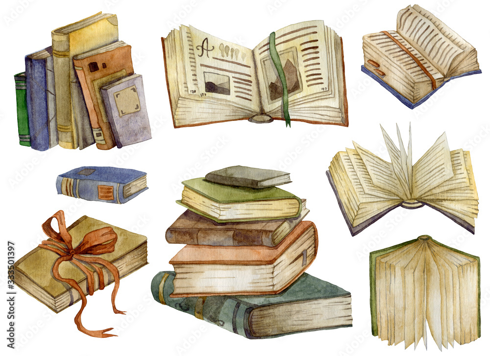 Watercolor books set. Open books and stack of books. Education and ...