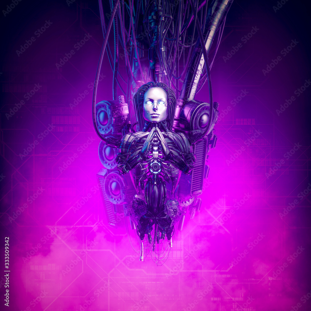 Female robot under repair / 3D illustration of futuristic metallic ...