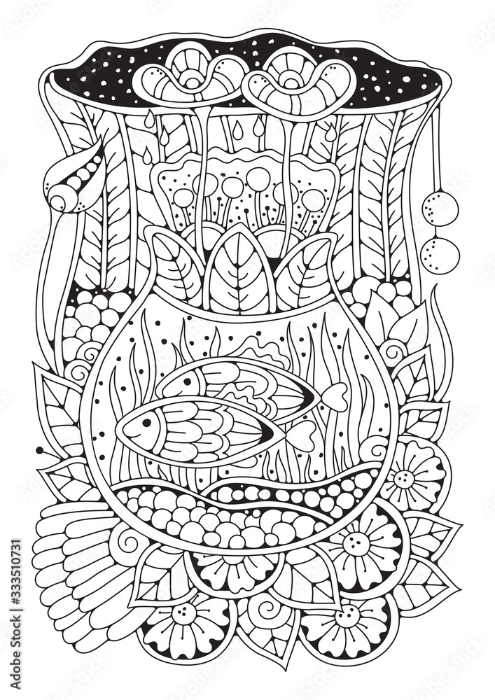 Coloring page for children and adults. Abstract aquarium with fish in ...