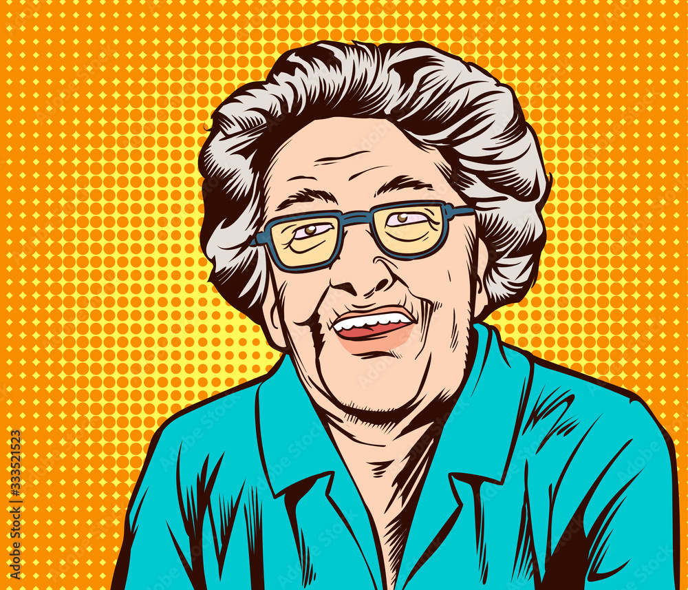 Old lady smiling, good-humored, bright, happy.Pop art retro comic book ...