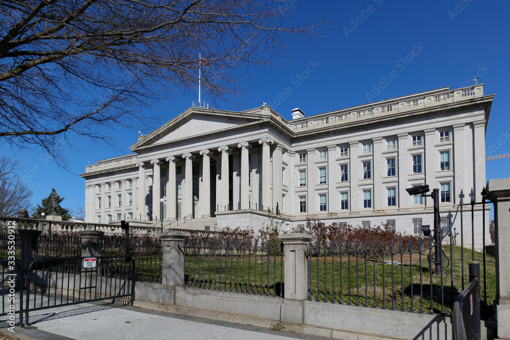 Washington, DC, USA- March 1, 2020: Exterior view of Treasury Building ...