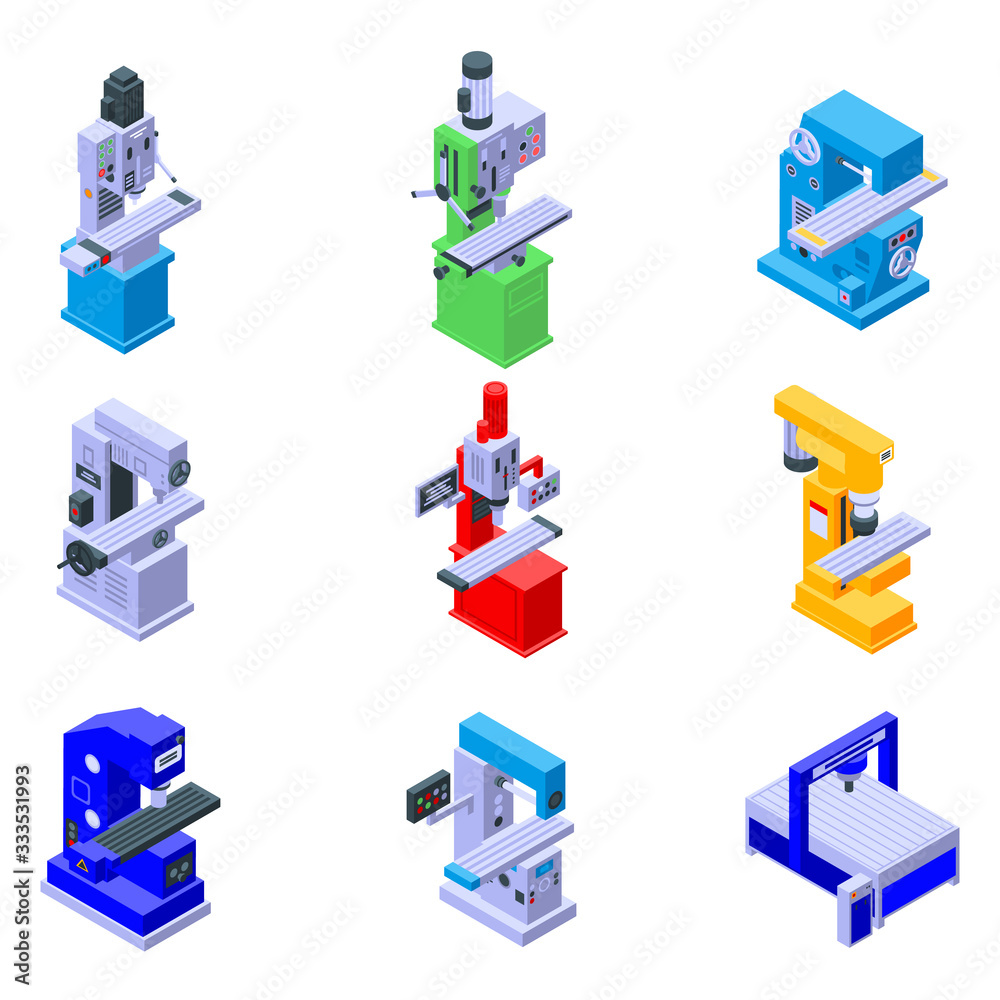 Milling machine icons set. Isometric set of milling machine vector ...