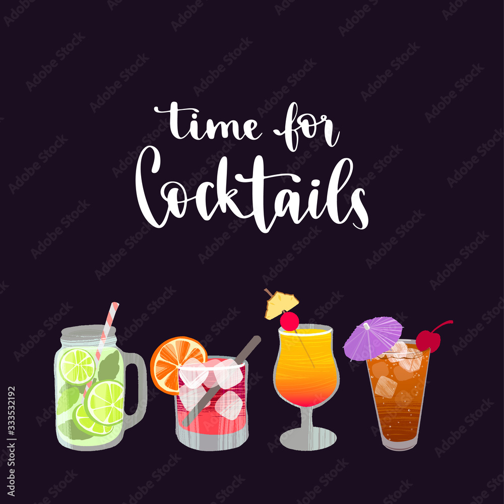 Time for Cocktails. Handwritten lettering quote and hand drawn glasses ...