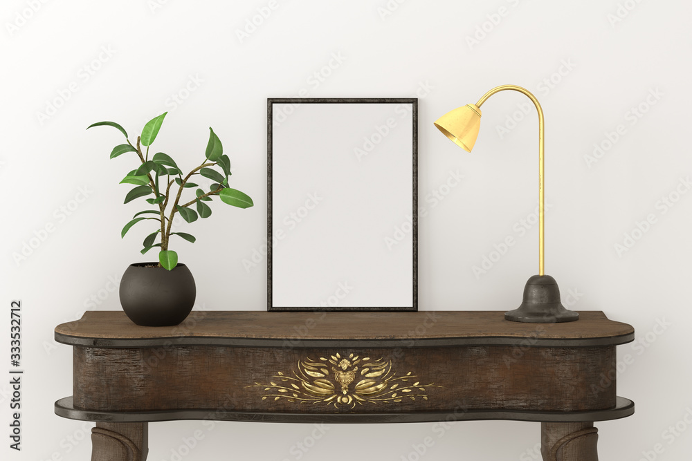 Plain canvas with frame for Mock up on wood desk, lamp, plant and vase ...