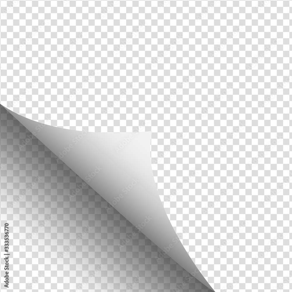 White empty page with curved corner with shadow on transparent ...