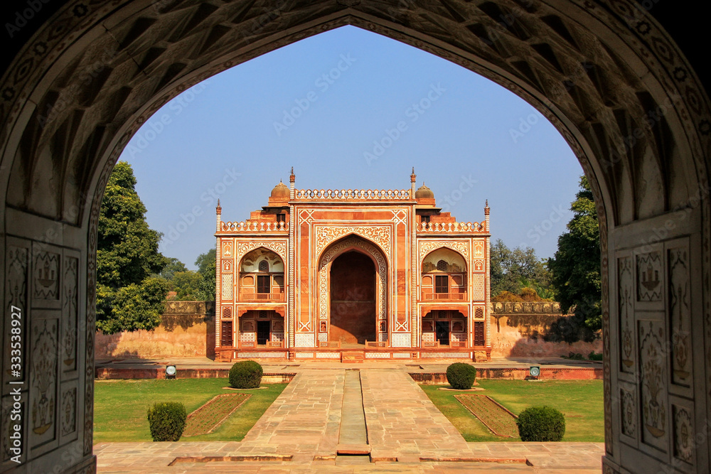 AGRA, INDIA - JANUARY 29: Entrance gate seen from interior of Itimad-ud ...