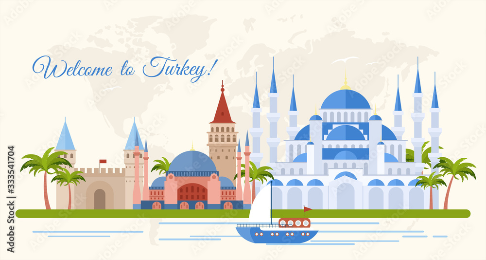 Welcome to Turkey flat banner vector template. Famous Turkish ...