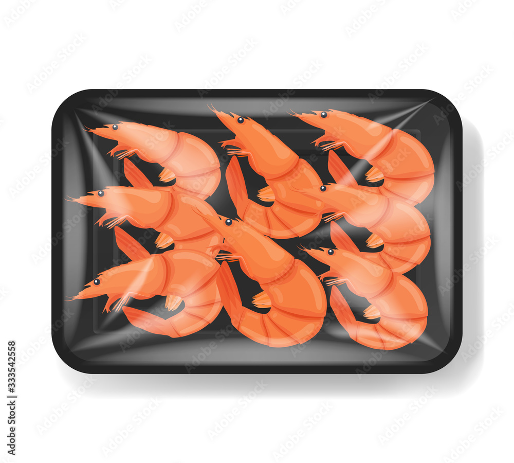Shrimp in plastic tray container with cellophane cover. Tiger prawn ...