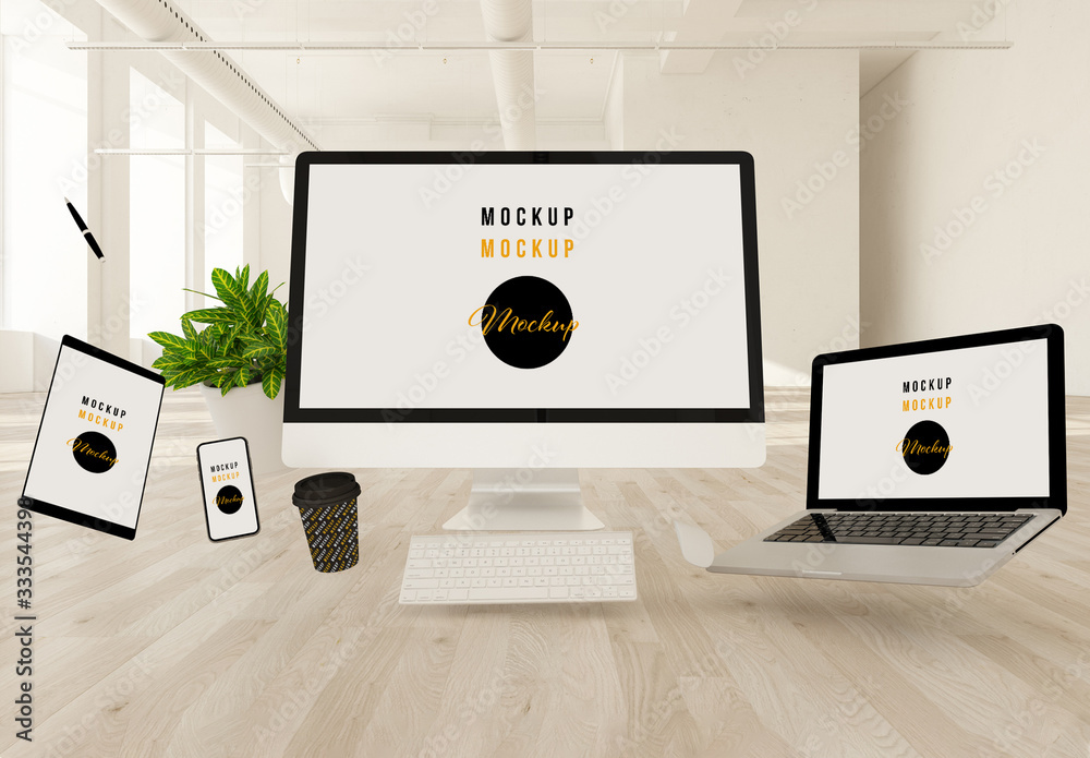 Computer and Devices Floating Above a Wooden Floor Mockup Stock ...