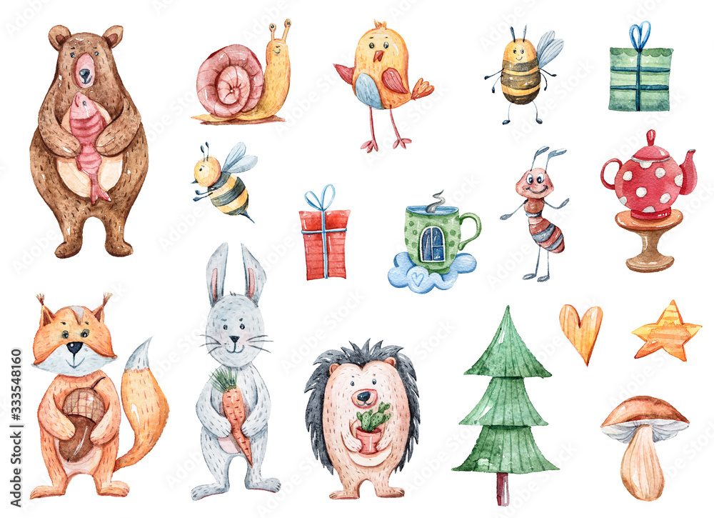 Hand painted watercolor cute animals set. Rabbit, bear, fox, bee, ant ...