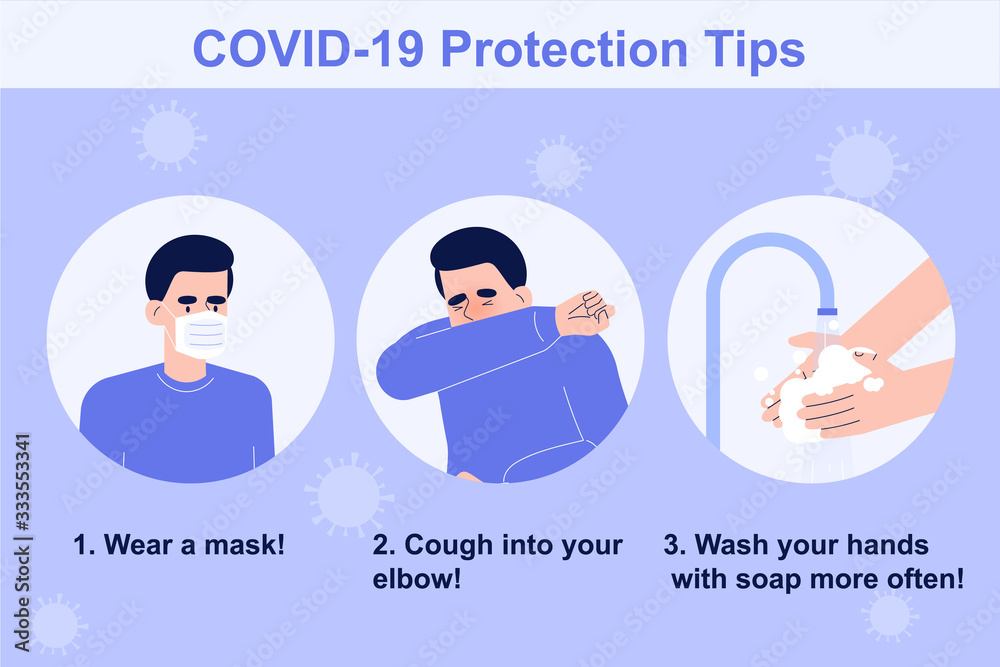 Coronavirus Covid-19 novel protection tips concept. Wear a mask, cough ...