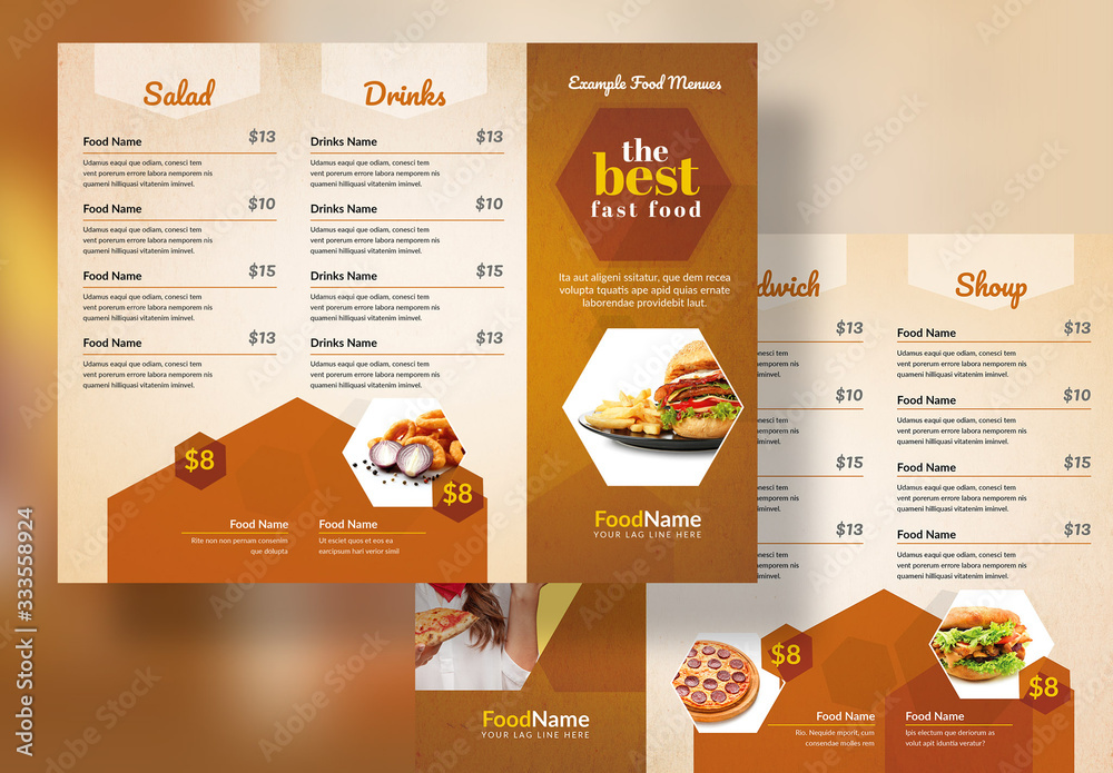 Golden Food Menu Trifold Layout with Hexagon Stock Template | Adobe Stock