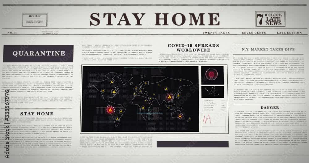 Vidéo Stock Headline "Stay Home" over a digital newspaper with an ...