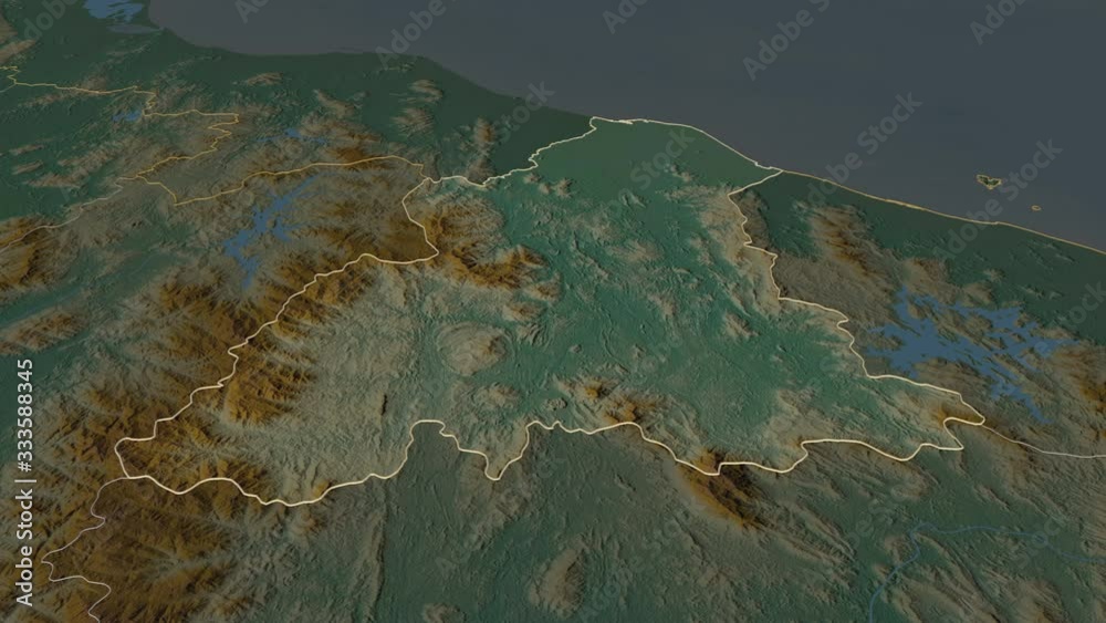 Kelantan, state with its capital, zoomed and extruded on the relief map ...