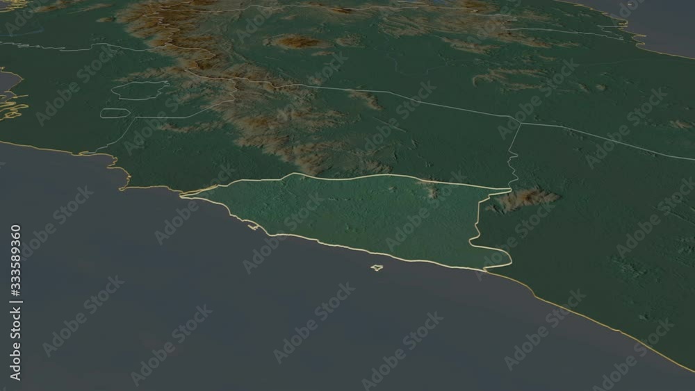 Melaka, state with its capital, zoomed and extruded on the relief map ...