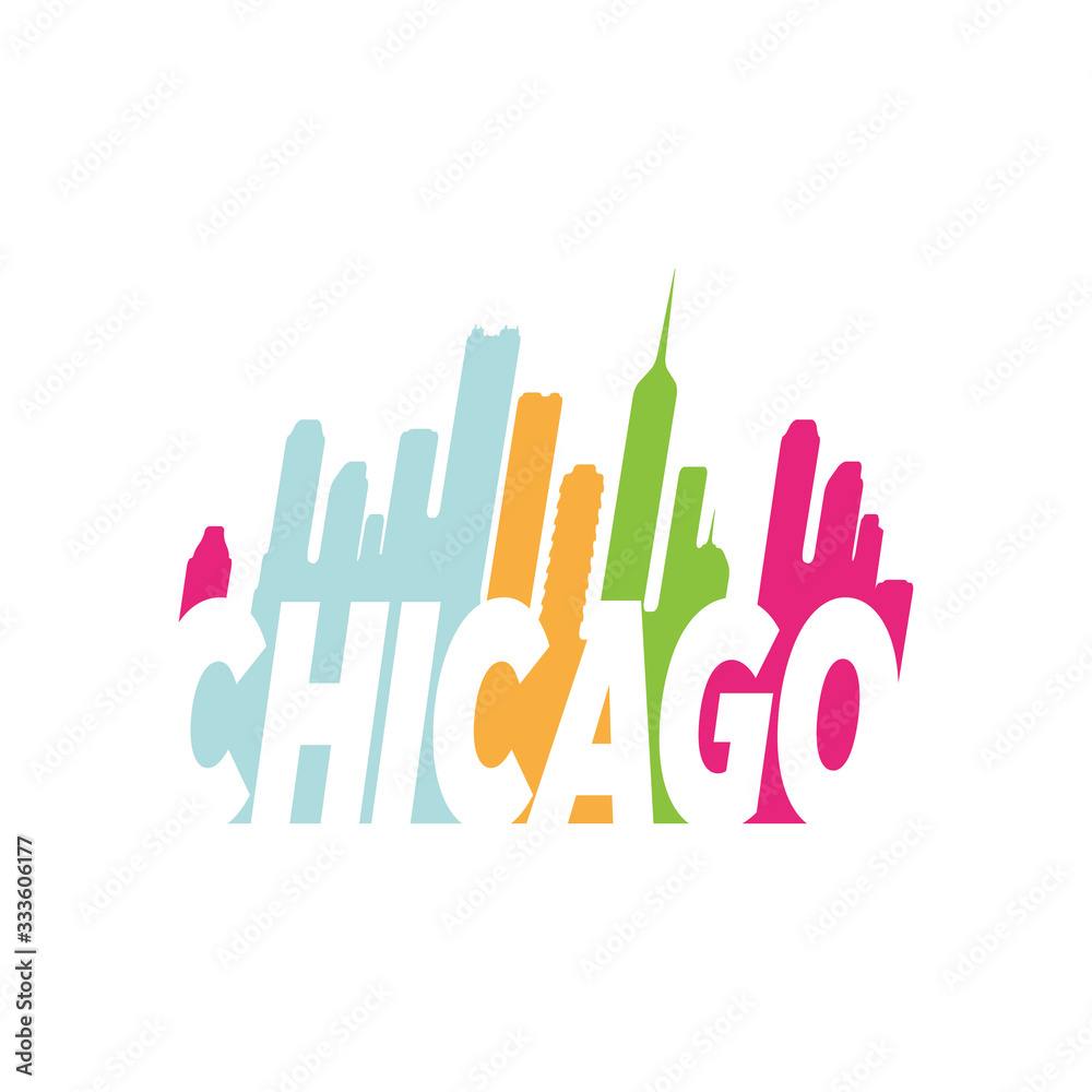 colorful chicago hand lettering logo design combined with cityskyline ...