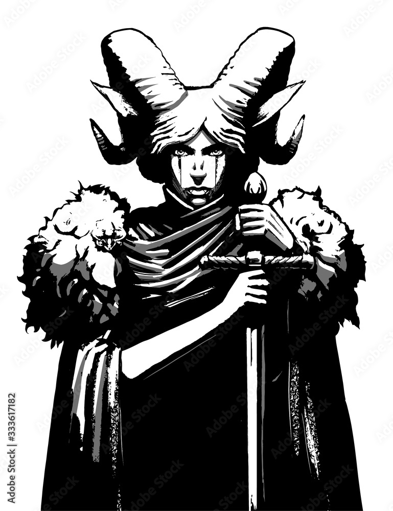 Poster A beautiful satyr woman with huge horns, and with a sword in her ...