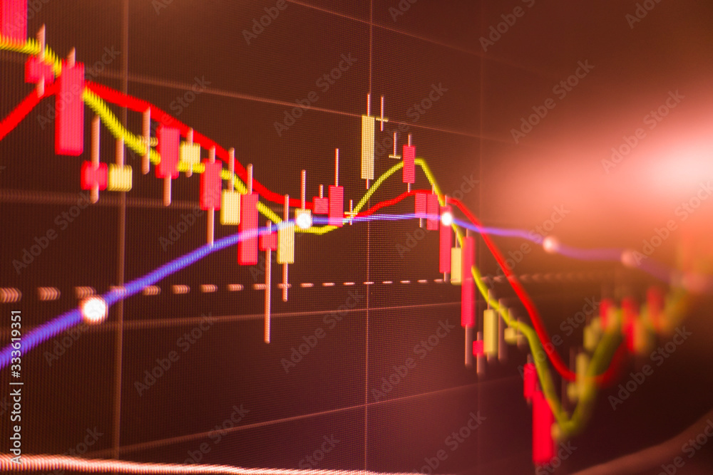 Stock market trading graph and candlestick chart on screen monitor for ...