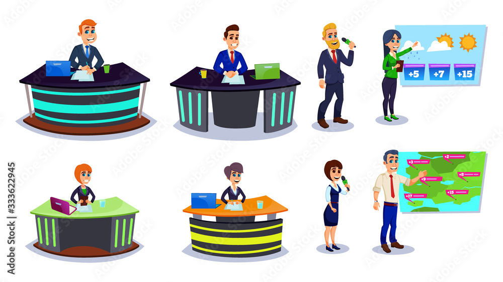 Cartoon Broadcasting Characters Set. Anchorman TV Presenter, Male ...