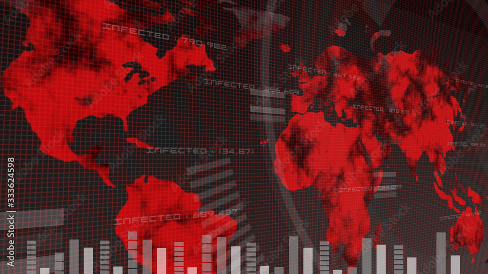 World map crisis virus spread pandemic warning sci-fi HUD UI user ...