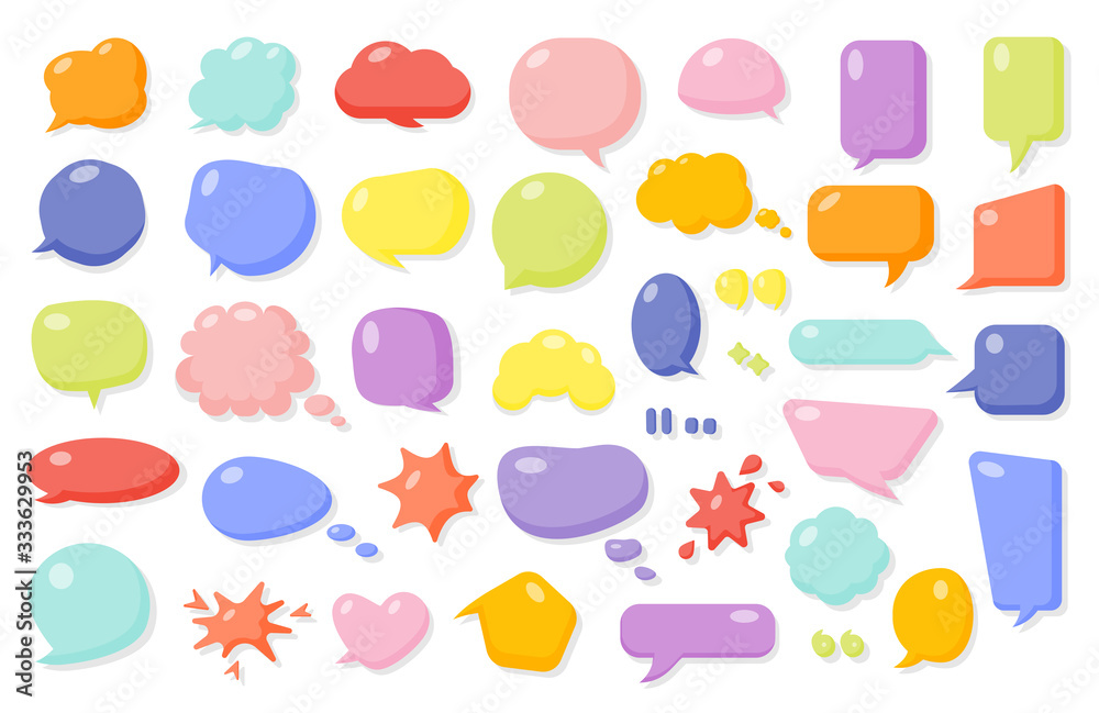 Colored comic speech soap bubble set. Cartoon empty text box clouds. Funny abstract different ...