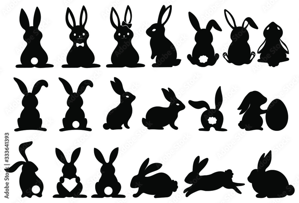 Set of silhouettes of rabbits. Collection of rabbits in various poses ...