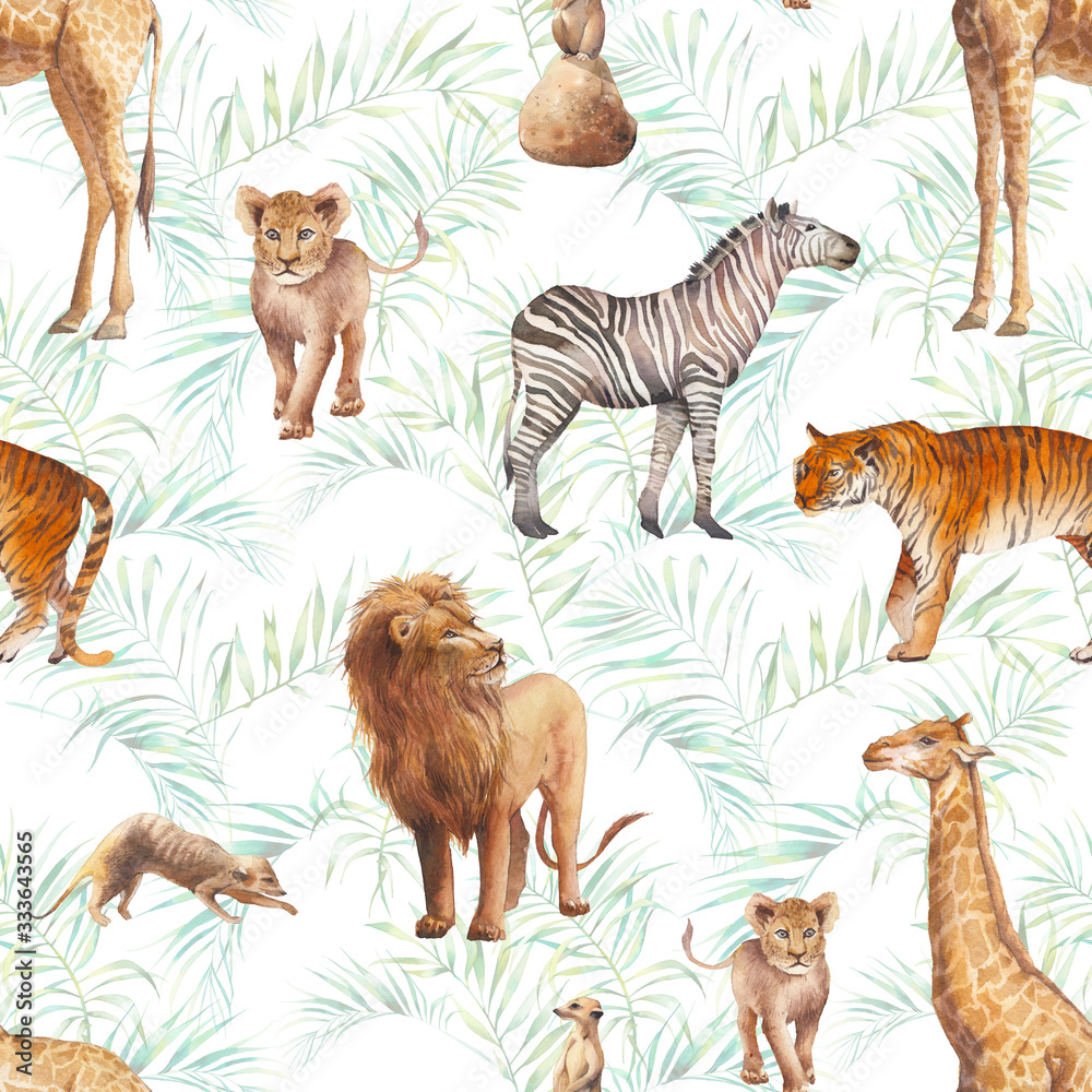 Safari animals pattern. Hand drawn seamless ornament with animals and ...