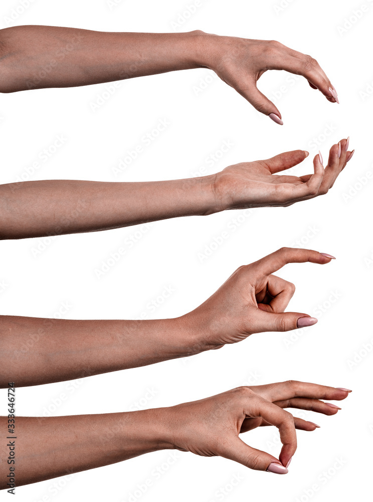 Multiple images set female black hands isolated white background ...
