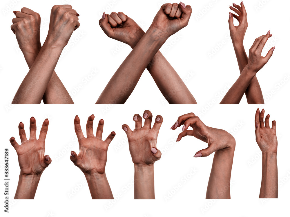 Multiple images set female black hands isolated white background ...