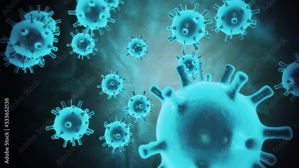 Abstract 3d model of coronavirus 2019-nCoV pathogen cells in infected blood shown as azure ...