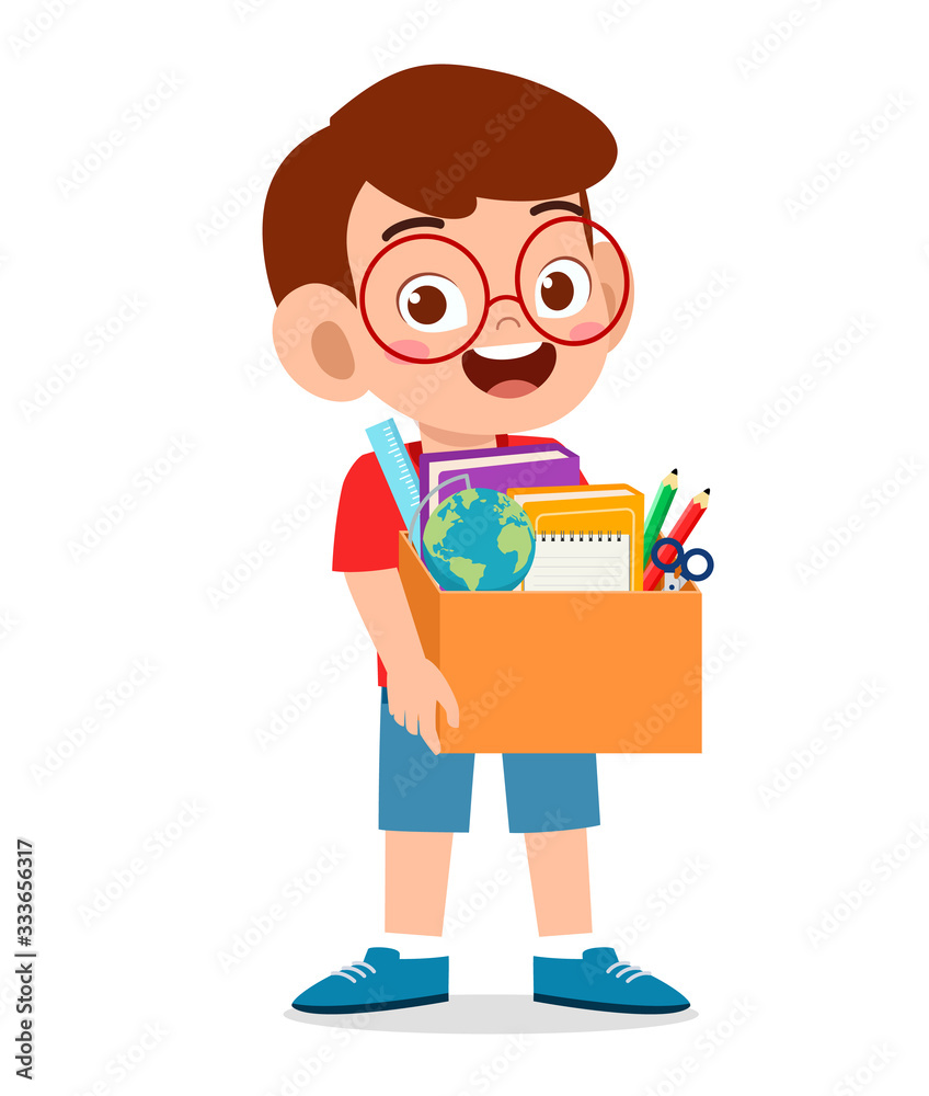 happy cute little kid boy carry box of school supplies Stock Vector ...