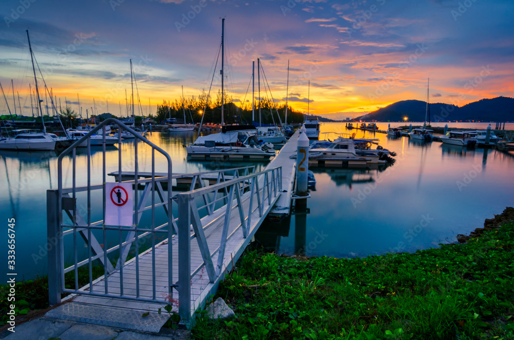 Beautiful scenery sunset background surrounding yatch harbour at ...
