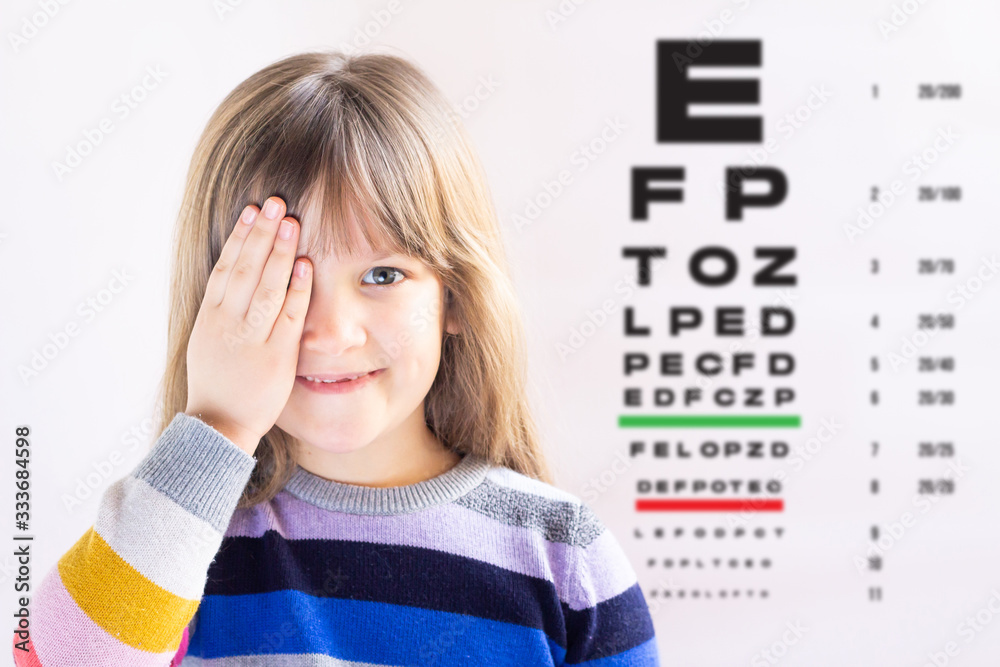 Cute little girl in ophthalmologist's office. Eye examination. Stock ...