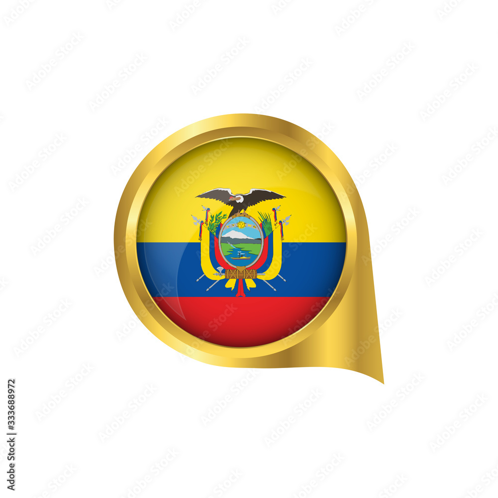 Flag of Ecuador, location map pin, pointer flag Ecuador, button gold ...