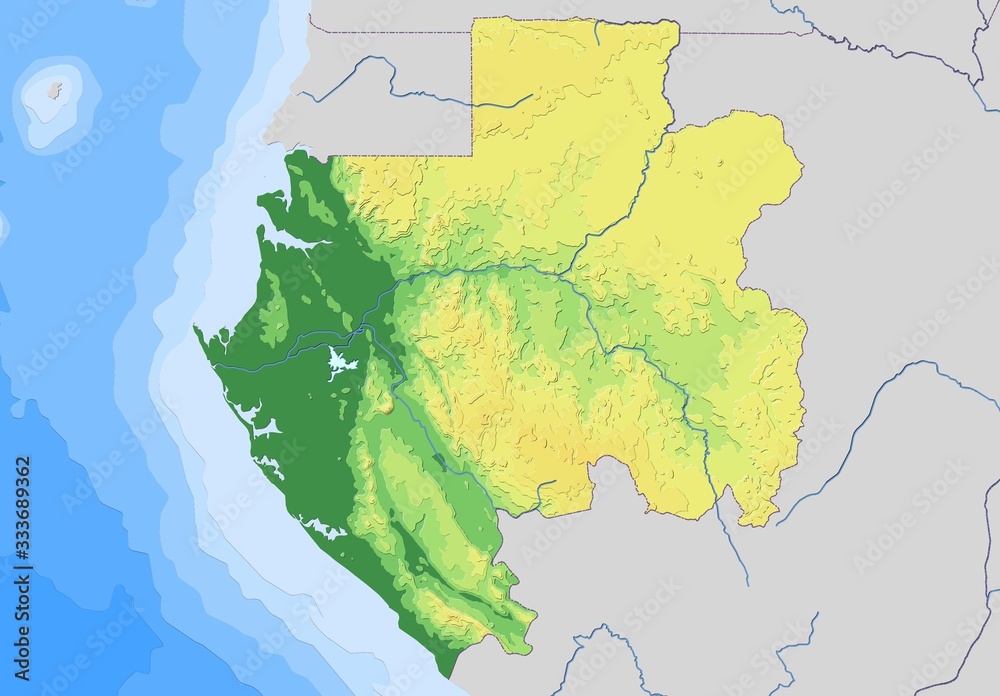 Map of Gabon with illuminated terrain contours. Stock Illustration ...