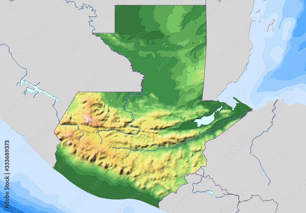 Map of Guatemala with illuminated terrain contours. Stock Illustration ...