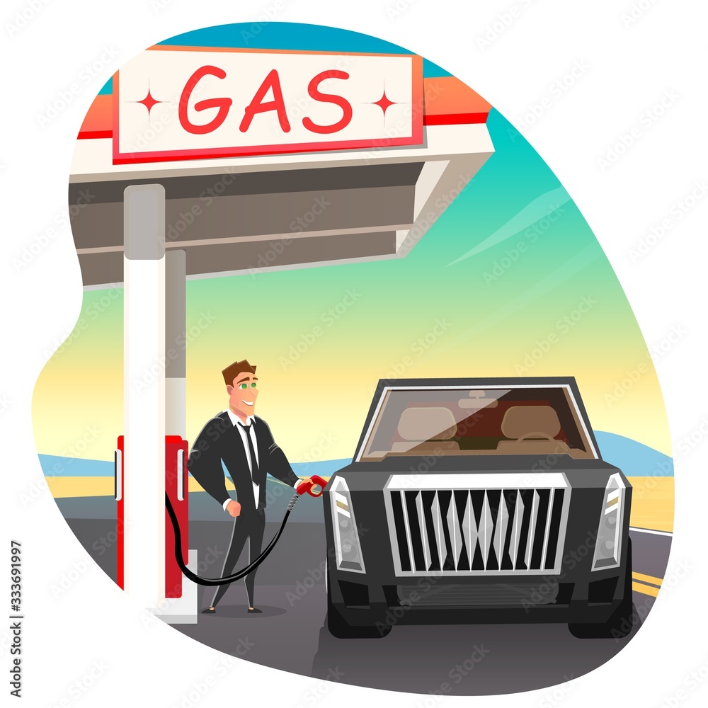 Cartoon Businessman Car Owner in Suit Refueling Luxury Black Auto at ...