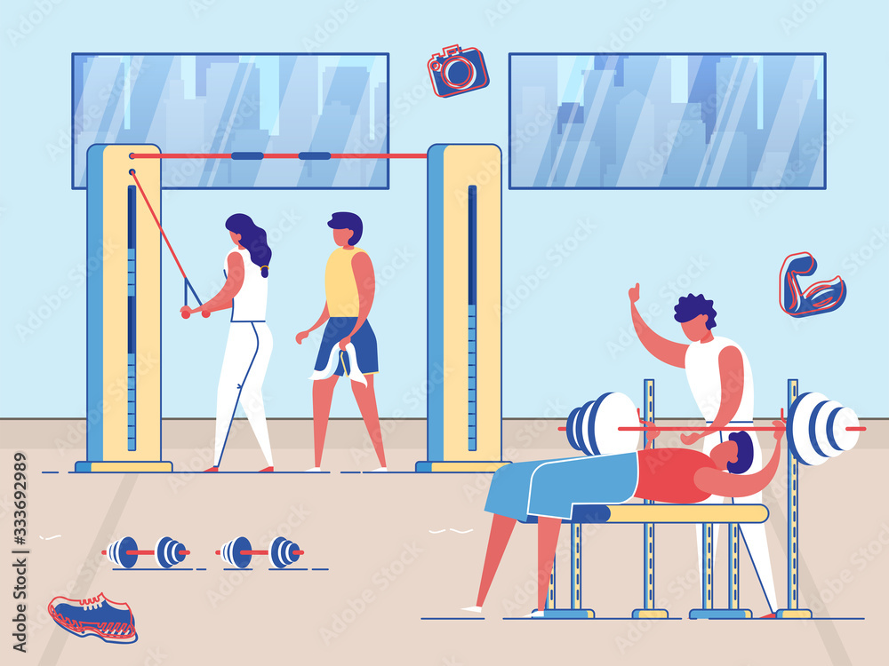 Cartoon People Workout in Gym Vector Illustration. Personal Coach ...