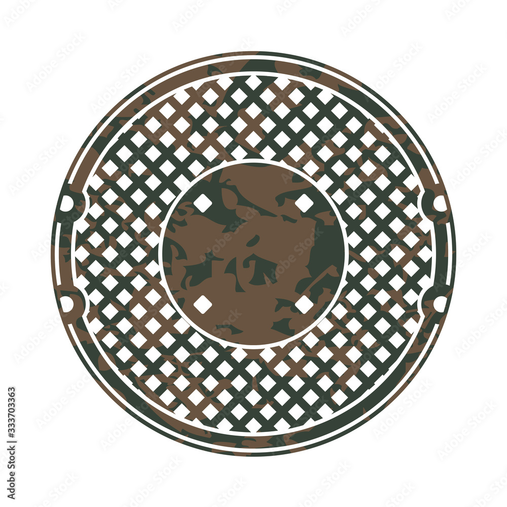 Vector drawing of a dirty manhole cover isolated on a white background ...