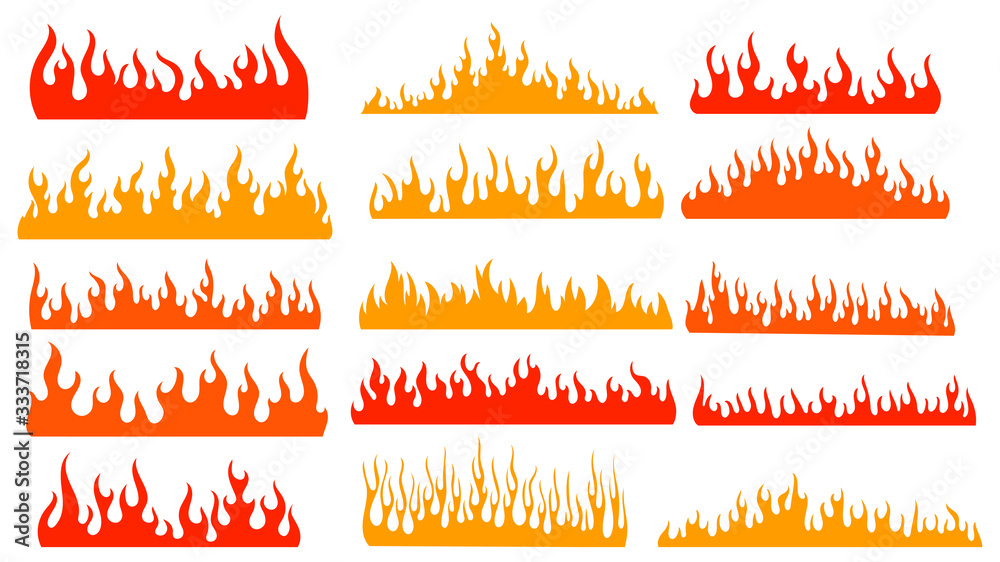 Set of fires. Collection of fire walls. Illustration of a burning strip ...