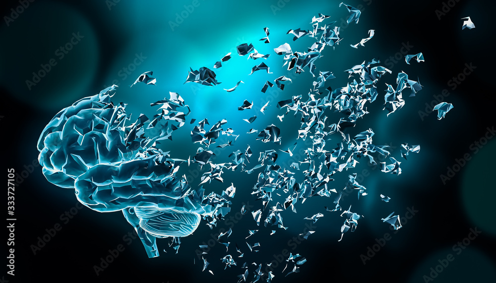 Human brain disintegrating or breaking apart 3D rendering illustration ...