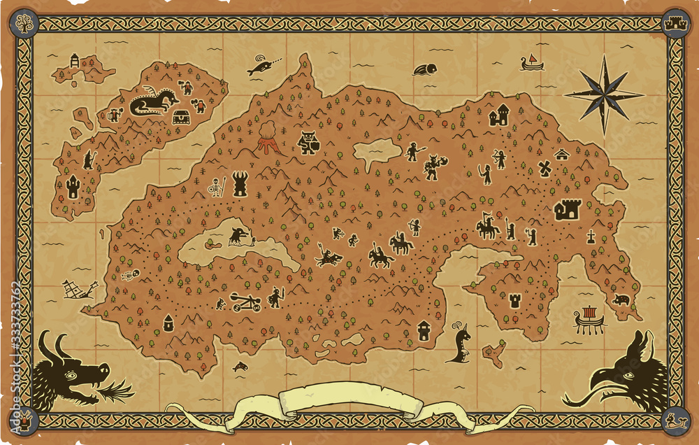 Large fantasy map with towers, dungeons, a castle, a dragon, orcs ...