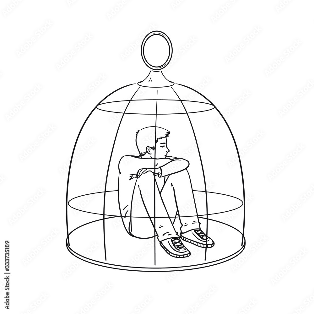 Vector Sad man sitting in a cage.Young man is locked in a cage.Forced ...