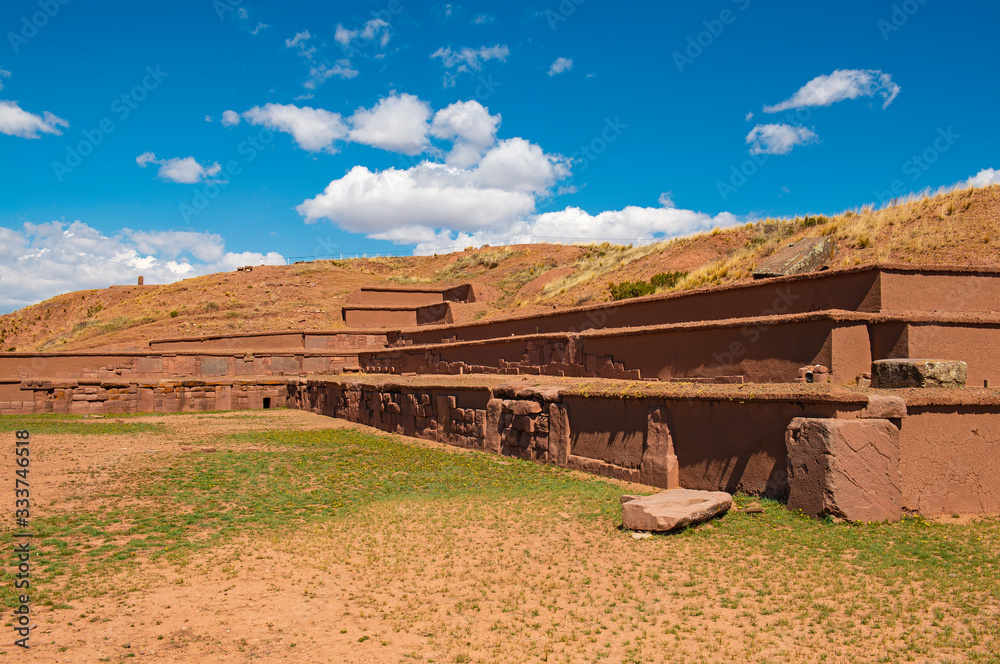 The Akapana pyramid in the archaeological site of Tiwanaku or ...