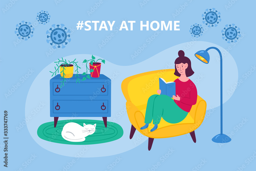 Coronavirus COVID-19 outbreak concept. Stay at home concept with woman ...