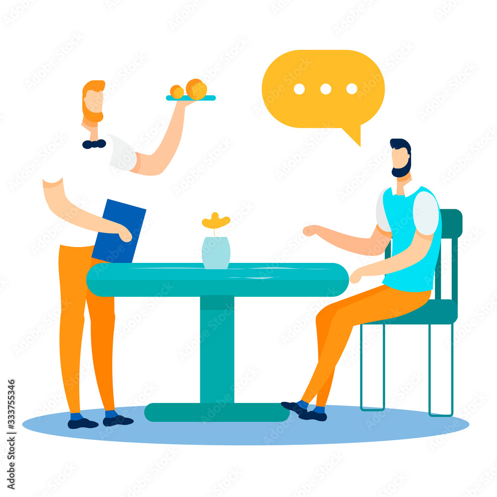 Office Worker Having Lunch at Cafe. Waiter Serving Table, Bringing ...