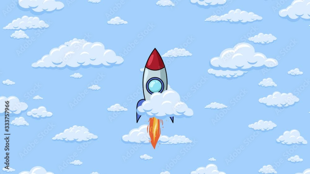 Cartoon rocket flying up around on blue sky with fluffy clouds ...