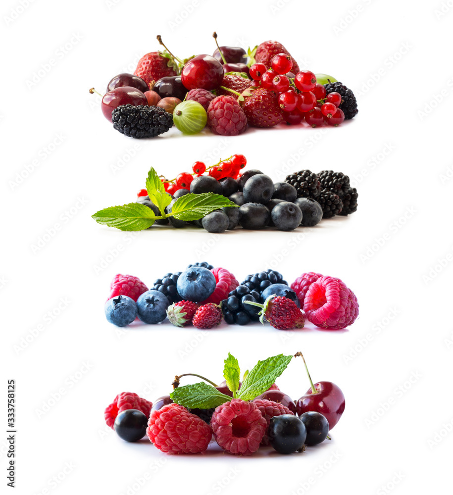 Ripe berries and fruits isolated on white background.Juicy and ...