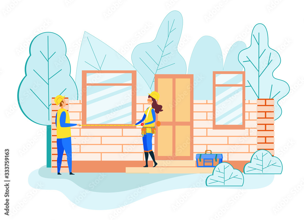 Builders Man and Woman Holding Tape Measuring Window Size on Unfinished ...