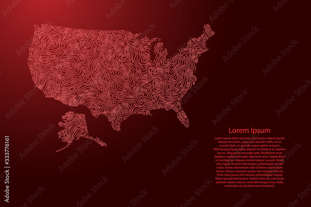 United States of America, USA map from red isolines or level line ...